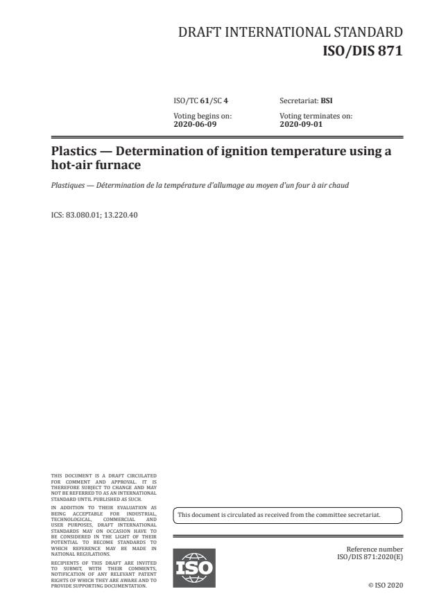 ISO/DIS 871 - Plastics -- Determination of ignition temperature using a hot-air furnace