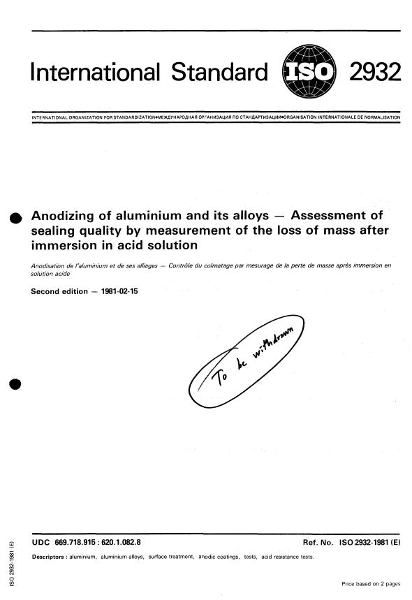 ISO 2932:1981 - Anodizing of aluminium and its alloys — Assessment of ...