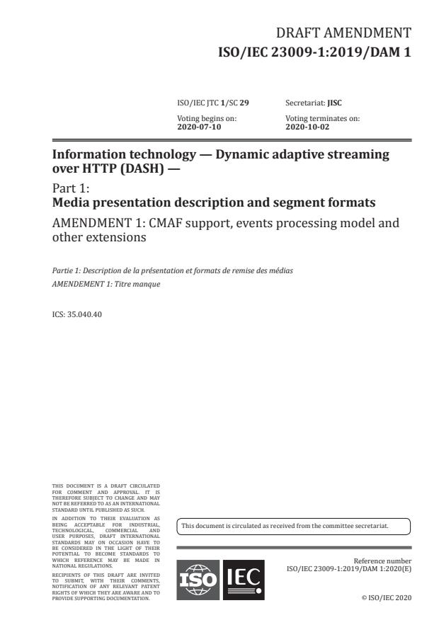 ISO/IEC 23009-1:2019/DAmd 1 - CMAF support, events processing model and other extensions
