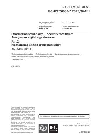 ISO/IEC 20008-2:2013/PRF Amd 1 - Information technology -- Security techniques -- Anonymous digital