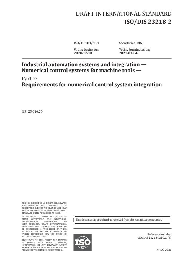 ISO/DIS 23218-2 - Industrial automation systems and integration -- Numerical control systems for
