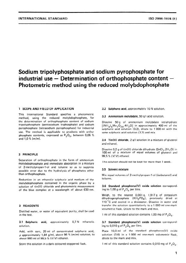 ISO 2998:1974 - Sodium tripolyphosphate and sodium pyrophosphate for industrial use — Determination