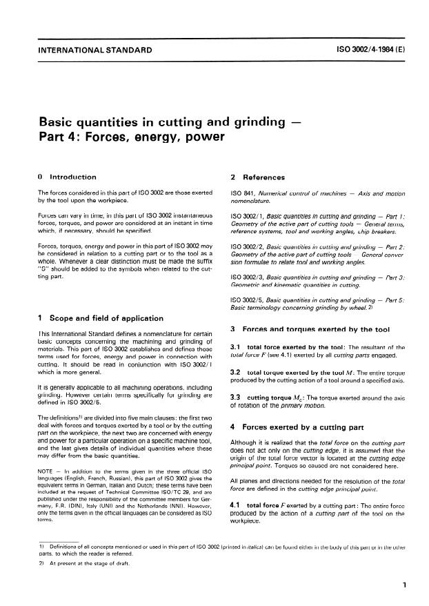 ISO 3002-4:1984 - Basic quantities in cutting and grinding — Part 4: Forces, energy, power