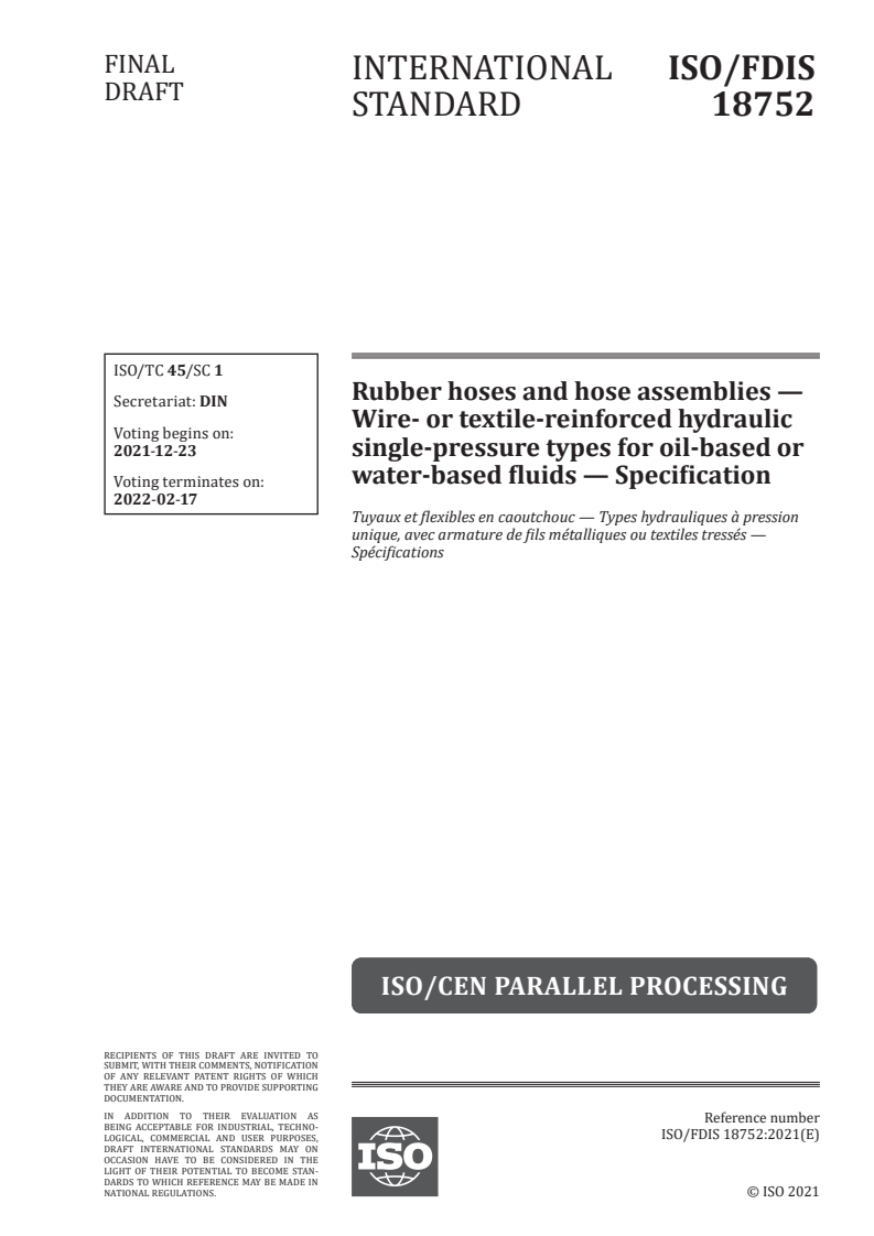 ISO 18752:2022 - Rubber hoses and hose assemblies — Wire- or textile-reinforced single-pressure