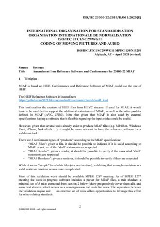 ISO/IEC 23000-22:2019/DAmd 1 - Reference software and conformance for multi-image application format