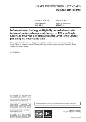 ISO/IEC PRF 30190 - Information technology -- Digitally recorded media for information interchange