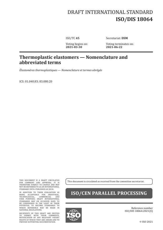 ISO/DIS 18064 - Thermoplastic elastomers -- Nomenclature and abbreviated terms