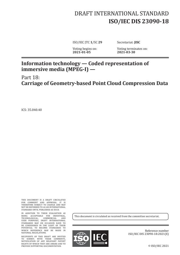 ISO/IEC DIS 23090-18 - Information technology -- Coded representation of immersive media
