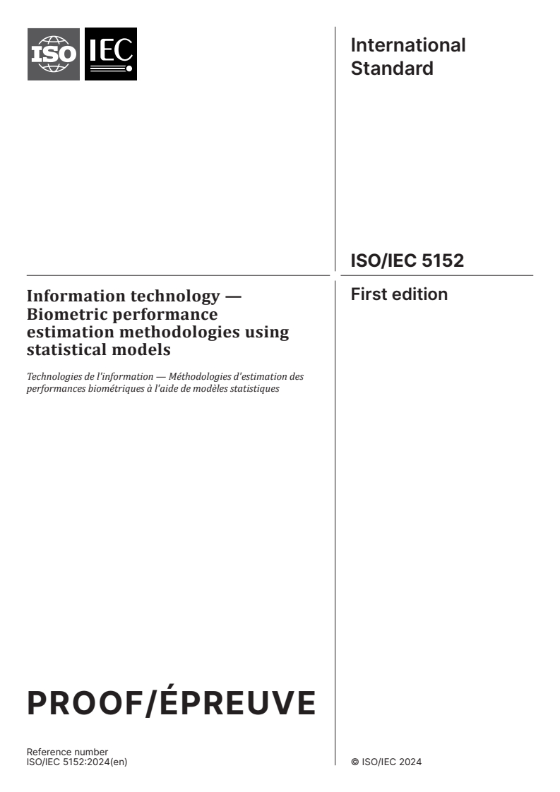 ISO/IEC 5152:2024 - Information technology — Biometric performance estimation methodologies using