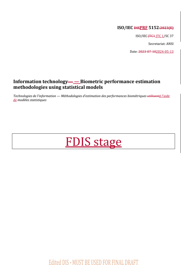 ISO/IEC 5152:2024 - Information technology — Biometric performance estimation methodologies using