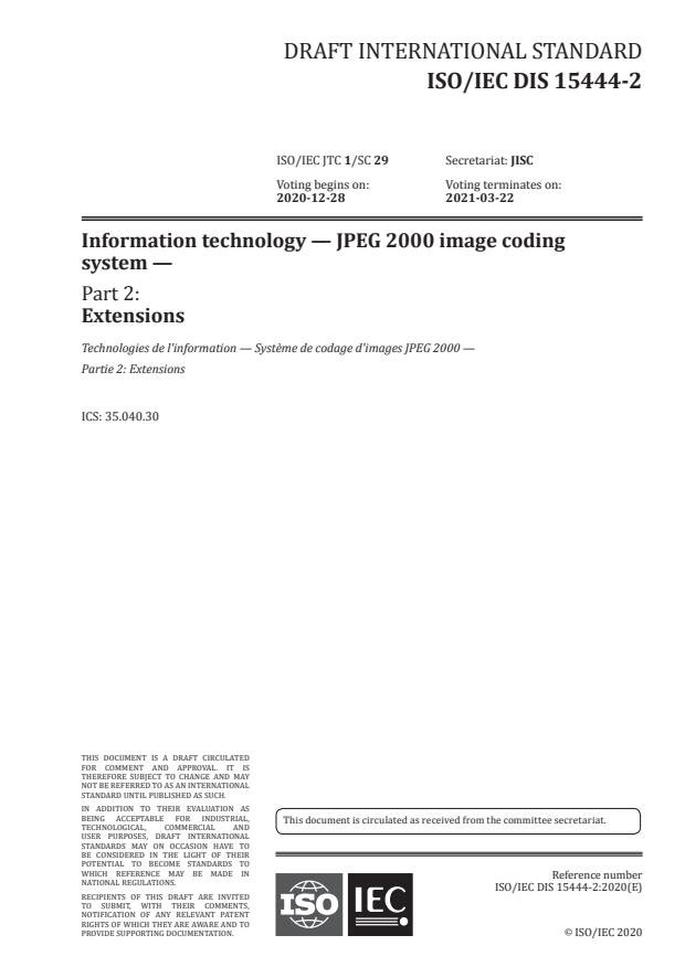 ISO/IEC DIS 15444-2 - Information technology -- JPEG 2000 image coding system