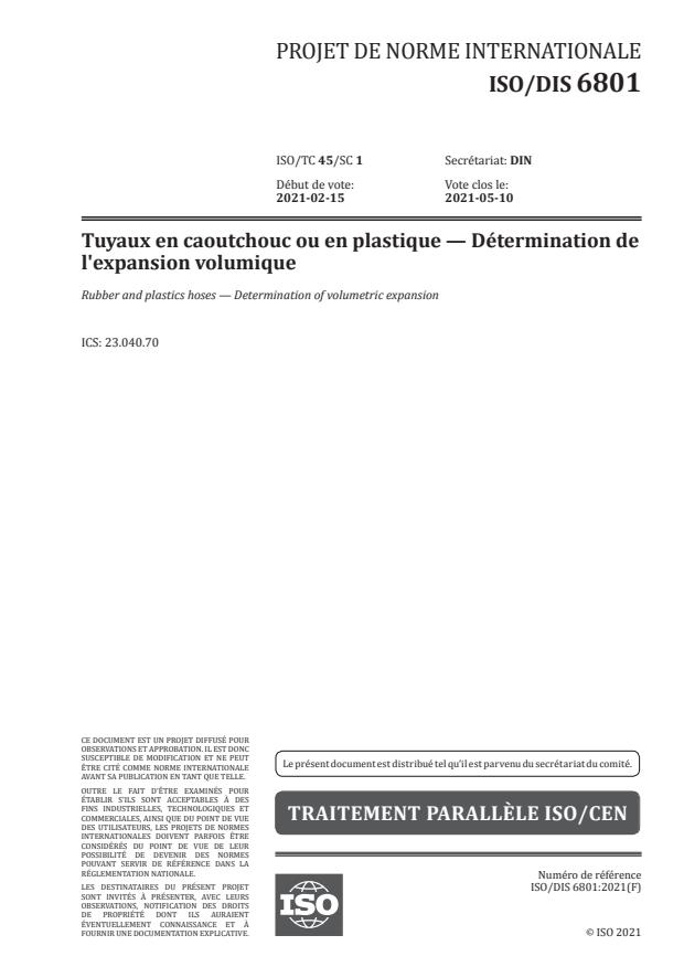 ISO/DIS 6801 - Rubber and plastics hoses -- Determination of volumetric expansion