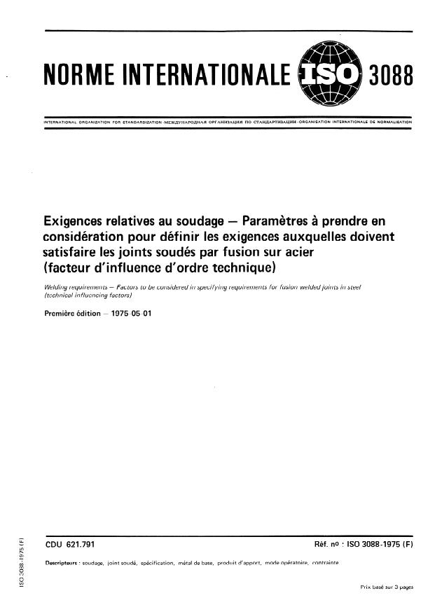 ISO 3088:1975 - Welding requirements — Factors to be considered in ...