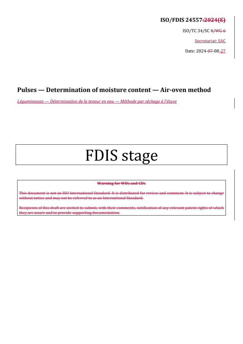 ISO/FDIS 24557 - Pulses — Determination of moisture content — Air-oven method
