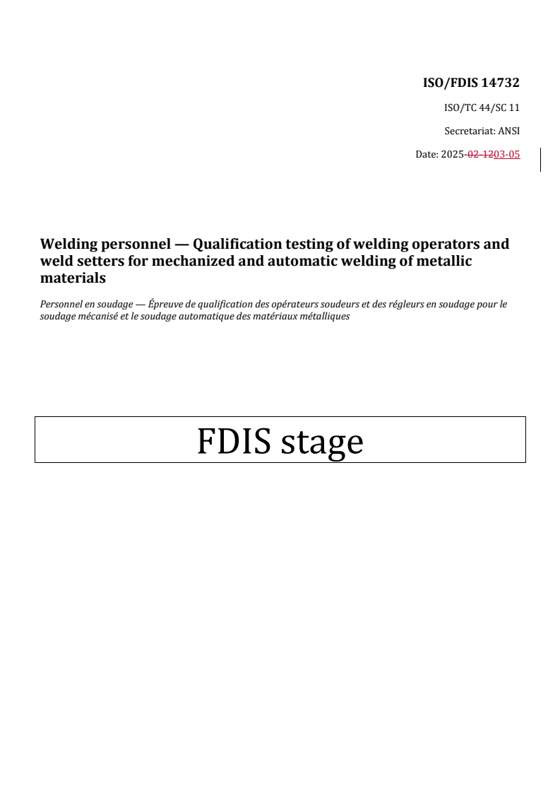 ISO/FDIS 14732 - Welding personnel — Qualification testing of welding ...