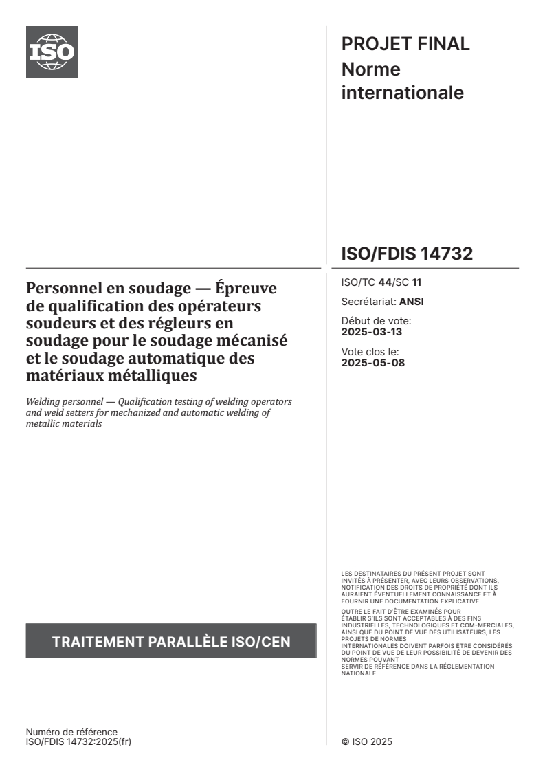 ISO/FDIS 14732 - Welding personnel — Qualification testing of welding ...