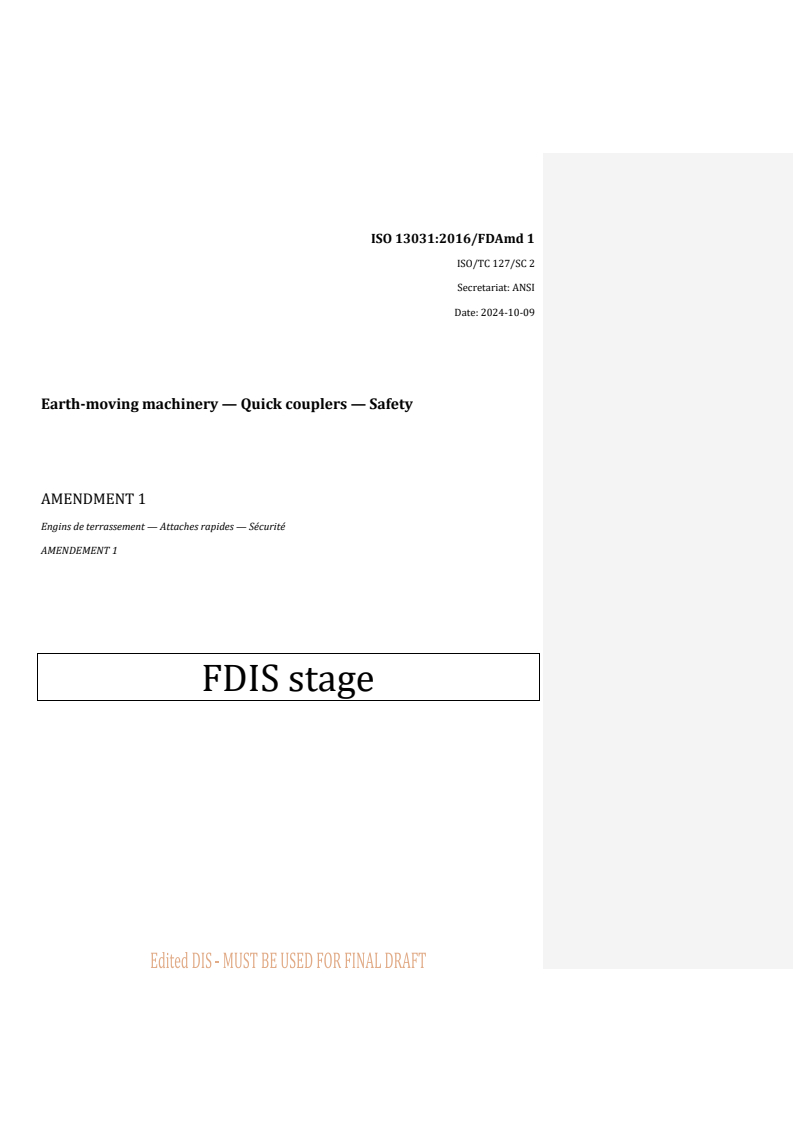 ISO 13031:2016/Amd 1 - Earth-moving machinery — Quick couplers — Safety — Amendment 1