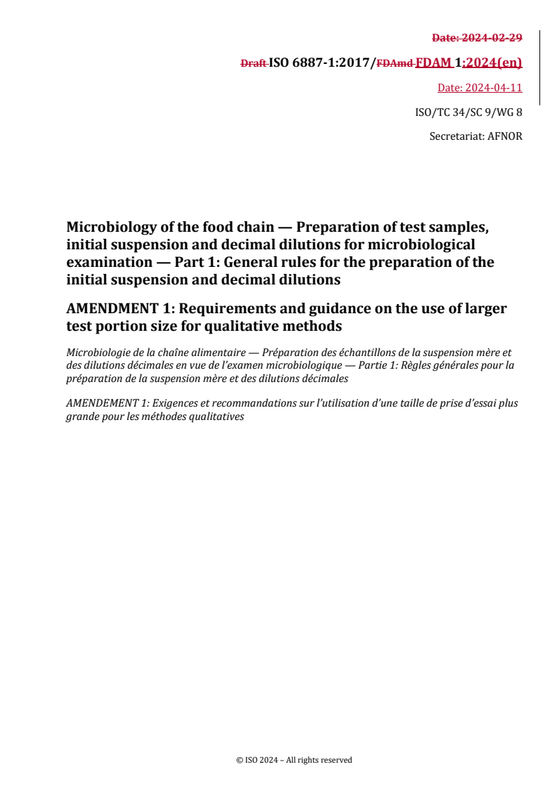 ISO 6887-1:2017/Amd 1 - Microbiology of the food chain — Preparation of ...