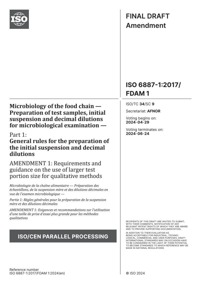 ISO 6887-1:2017/Amd 1 - Microbiology of the food chain — Preparation of ...