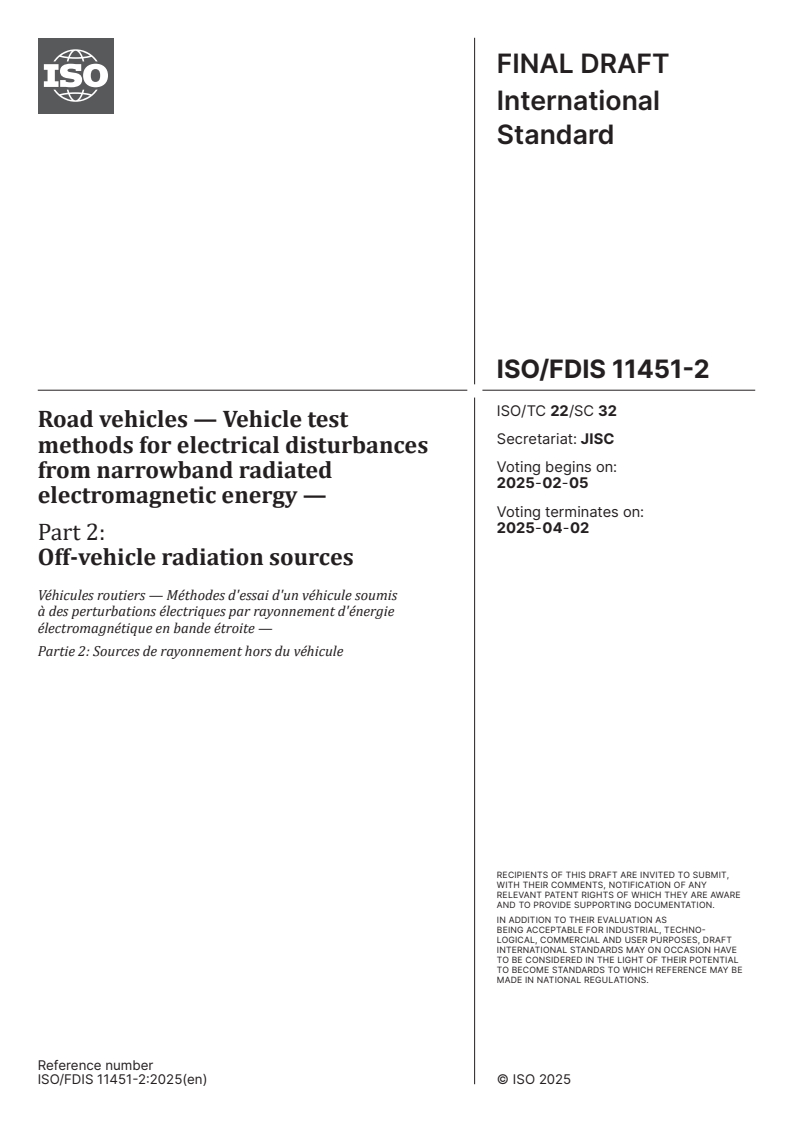ISO/FDIS 11451-2 - Road vehicles — Vehicle test methods for electrical ...