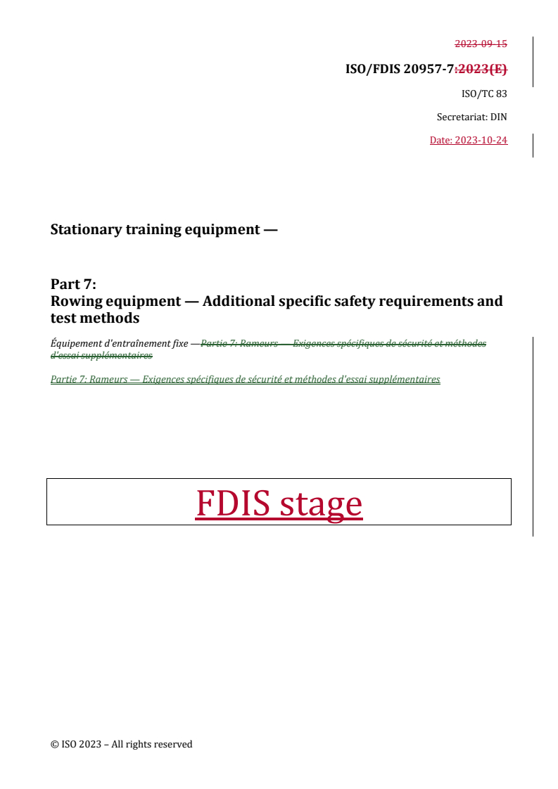 ISO/FDIS 20957-7 - Stationary training equipment — Part 7: Rowing equipment — Additional specific