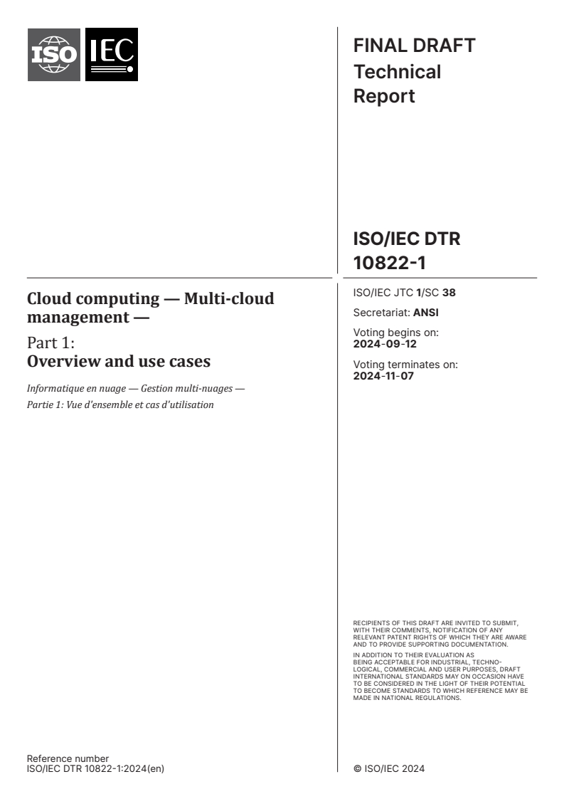 ISO/IEC DTR 10822-1 - Cloud computing — Multi-cloud management — Part 1: Overview and use cases