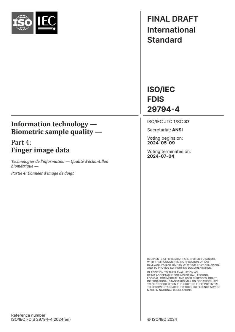 ISO/IEC 29794-4 - Information technology — Biometric sample quality — Part 4: Finger image data