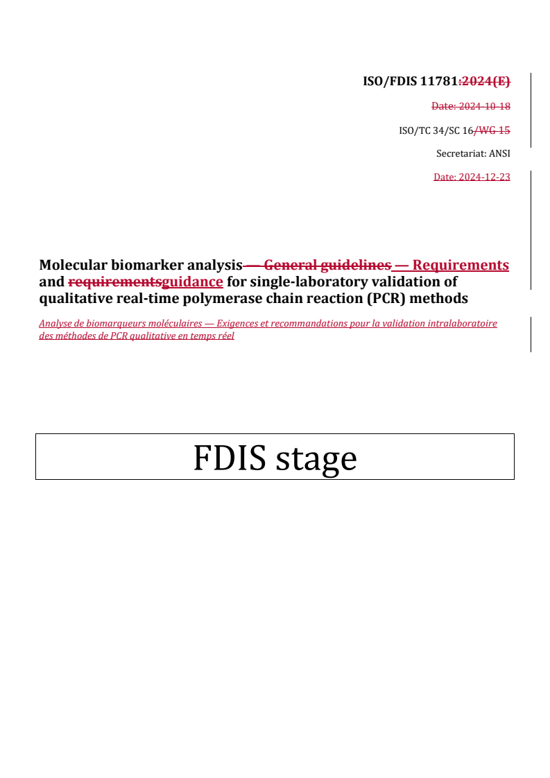 ISO/FDIS 11781 - Molecular biomarker analysis — Requirements and guidance for single-laboratory