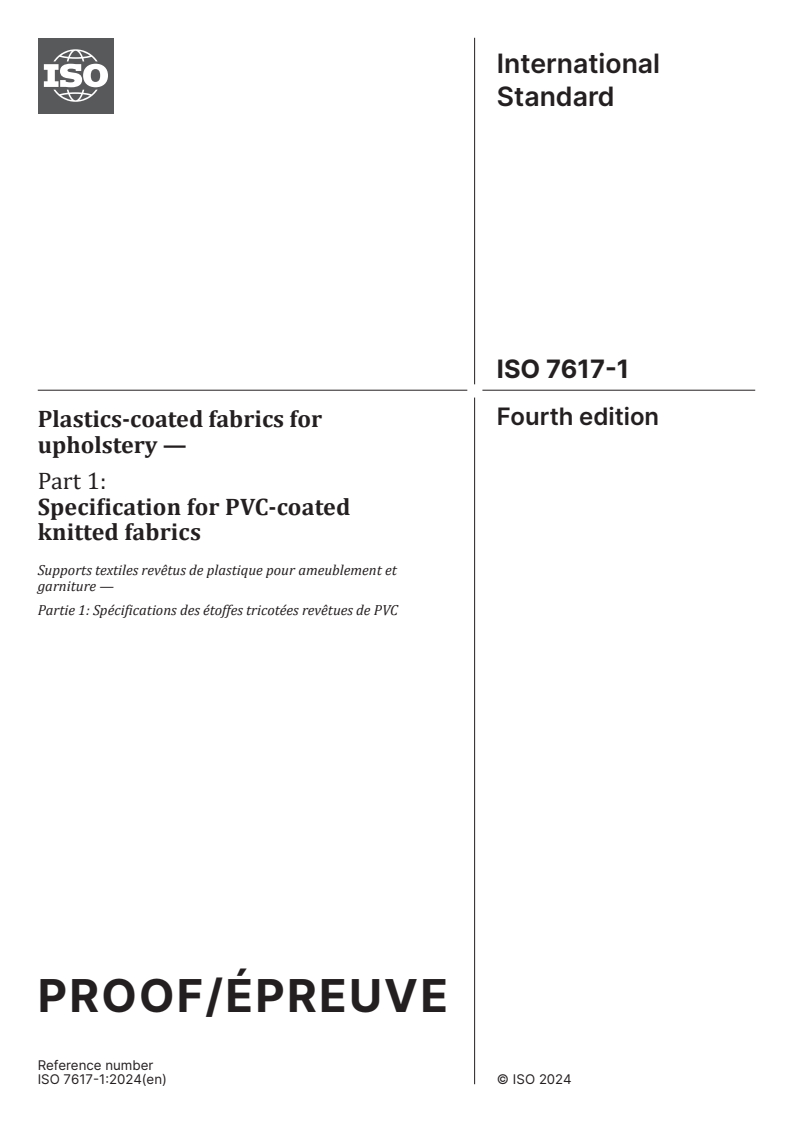 ISO/PRF 7617-1 - Plastics-coated fabrics for upholstery — Part 1: Specification for PVC-coated