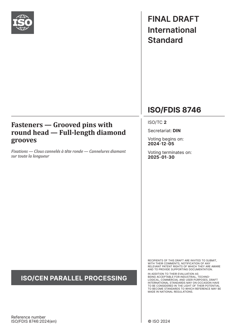 ISO/FDIS 8746 - Fasteners — Grooved pins with round head — Full-length ...