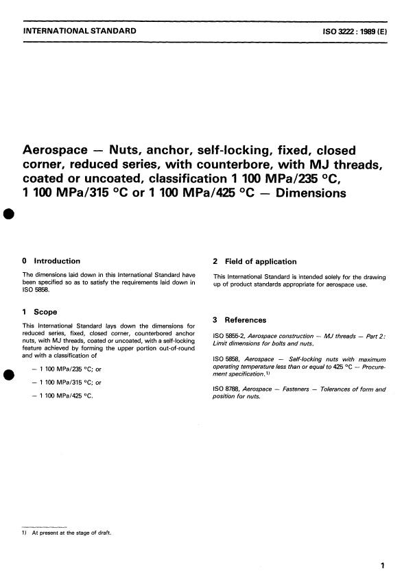 ISO 3222:1989 - Aerospace — Nuts, anchor, self-locking, fixed, closed corner, reduced series, with