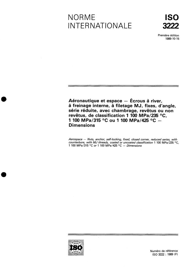 ISO 3222:1989 - Aerospace — Nuts, anchor, self-locking, fixed, closed corner, reduced series, with