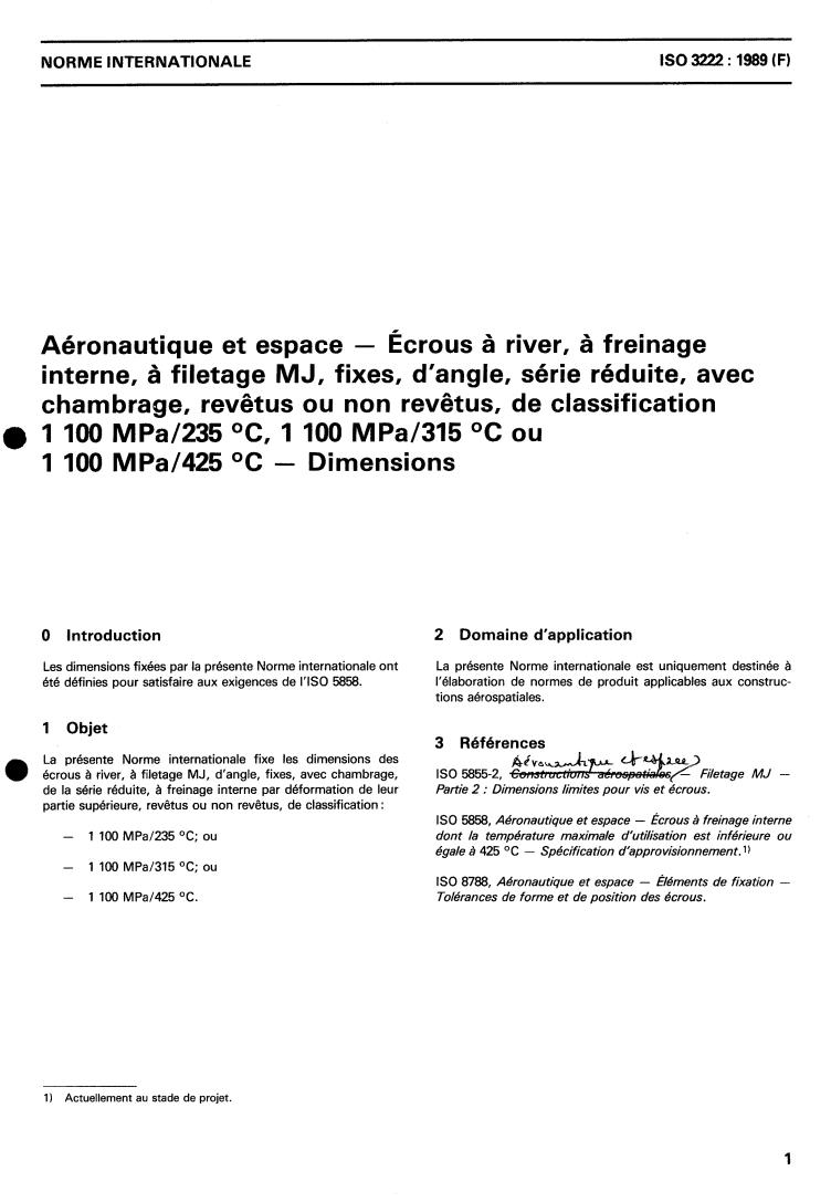 ISO 3222:1989 - Aerospace — Nuts, anchor, self-locking, fixed, closed corner, reduced series, with