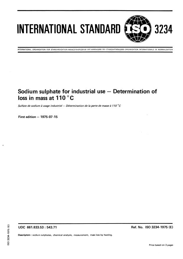 ISO 3234:1975 - Sodium sulphate for industrial use — Determination of ...