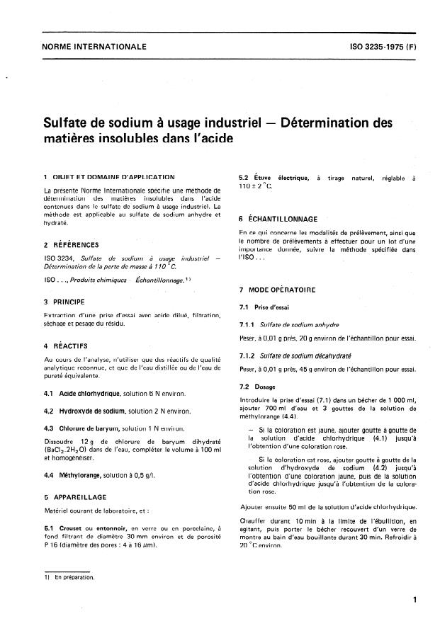 ISO 3235:1975 - Sodium sulphate for industrial use — Determination of acid-insoluble matter
