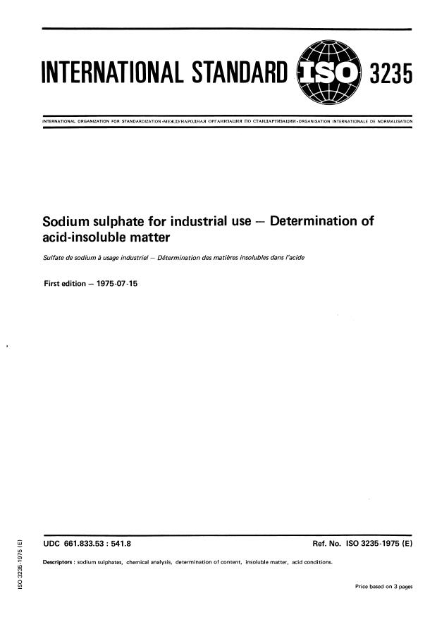 ISO 3235:1975 - Sodium sulphate for industrial use — Determination of acid-insoluble matter