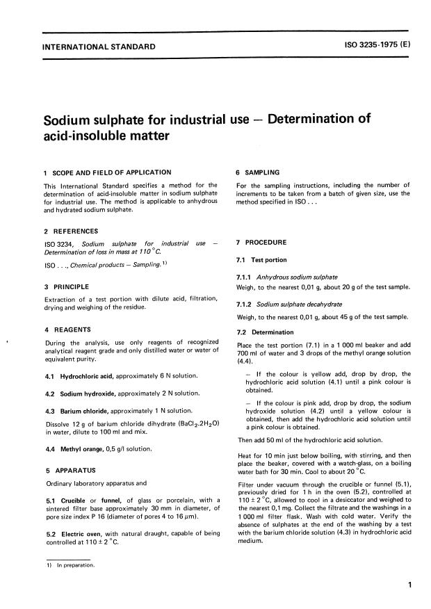 ISO 3235:1975 - Sodium sulphate for industrial use — Determination of acid-insoluble matter