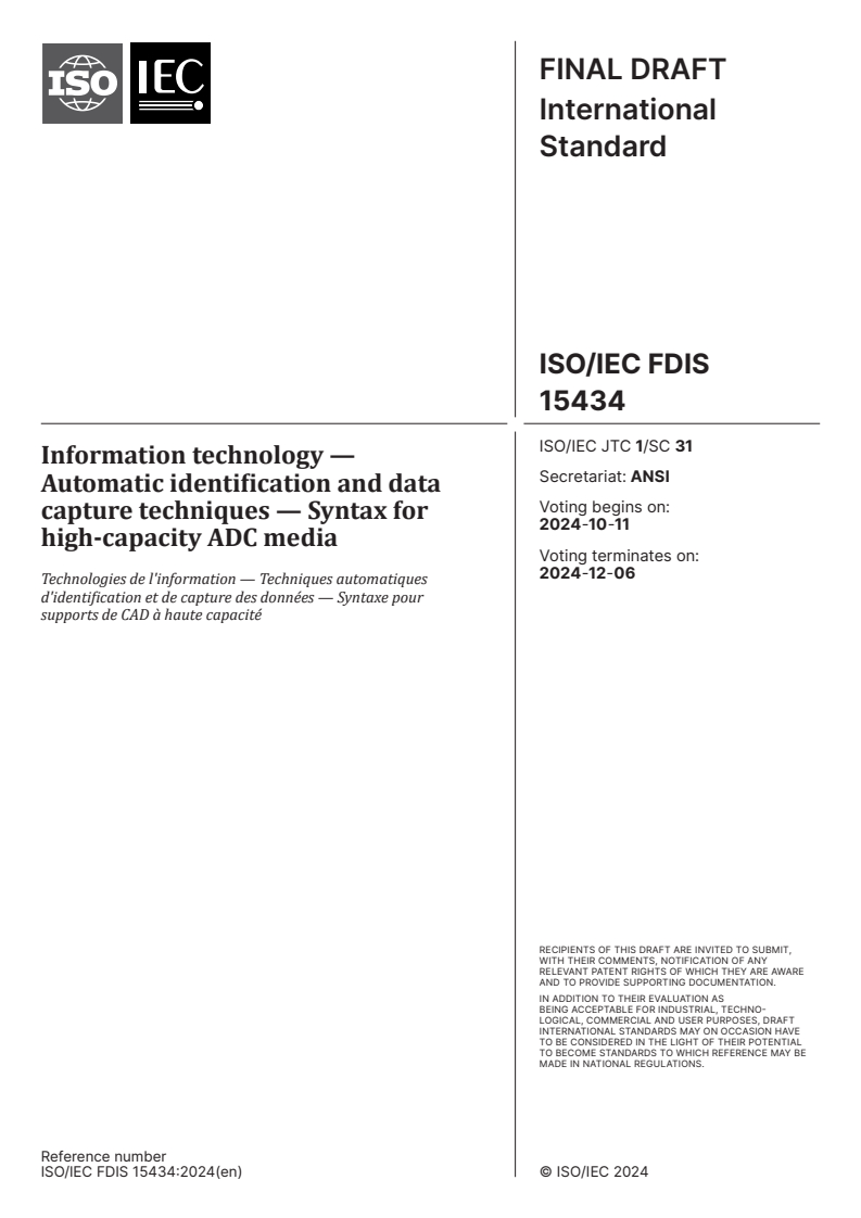 ISO/IEC FDIS 15434 - Information technology — Automatic identification and data capture techniques