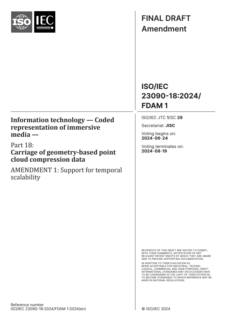 ISO/IEC 23090-18:2024/FDAmd 1 - Information technology — Coded representation of immersive media