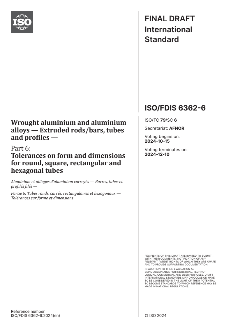 ISO 6362-6 - Wrought aluminium and aluminium alloys — Extruded rods/bars, tubes and profiles — Part