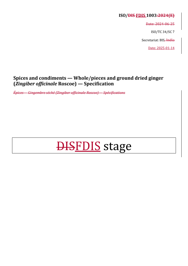 ISO 1003 - Spices and condiments — Whole/pieces and ground dried ginger (Zingiber officinale Roscoe)
