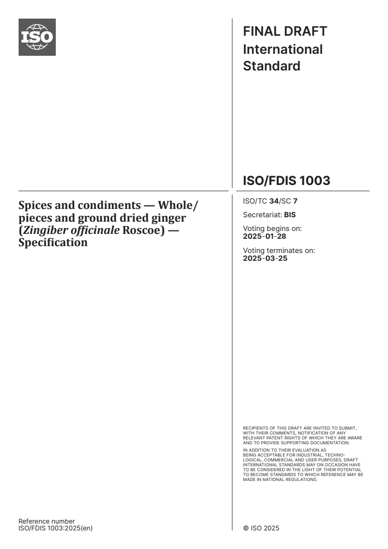ISO 1003 - Spices and condiments — Whole/pieces and ground dried ginger (Zingiber officinale Roscoe)
