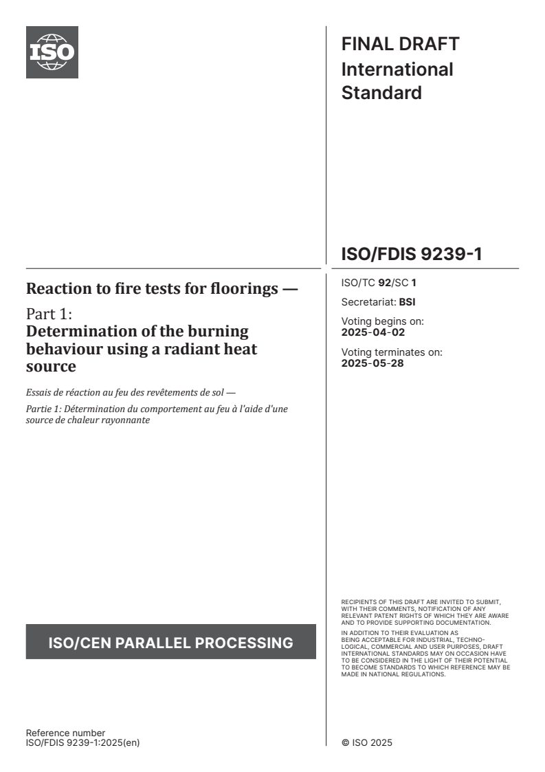 ISO/FDIS 9239-1 - Reaction to fire tests for floorings — Part 1 ...