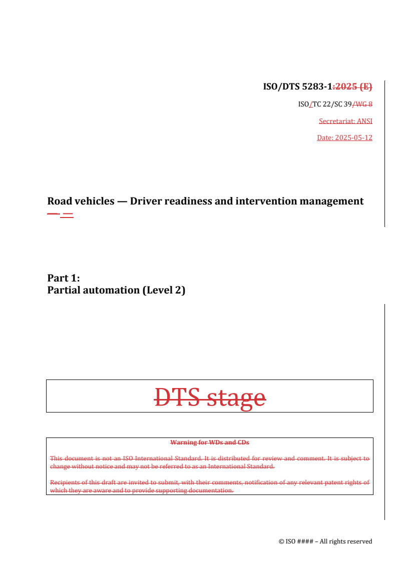 ISO/DTS 5283-1 - Road vehicles — Driver readiness and intervention ...