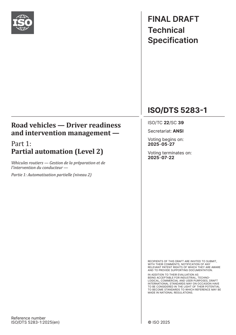 ISO/DTS 5283-1 - Road vehicles — Driver readiness and intervention ...