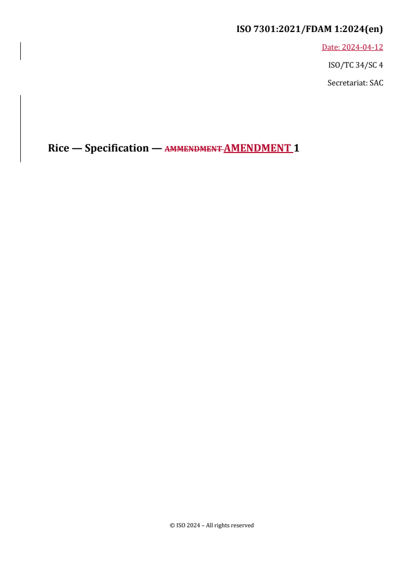 ISO 7301:2021/FDAmd 1 - Rice — Specification — Amendment 1