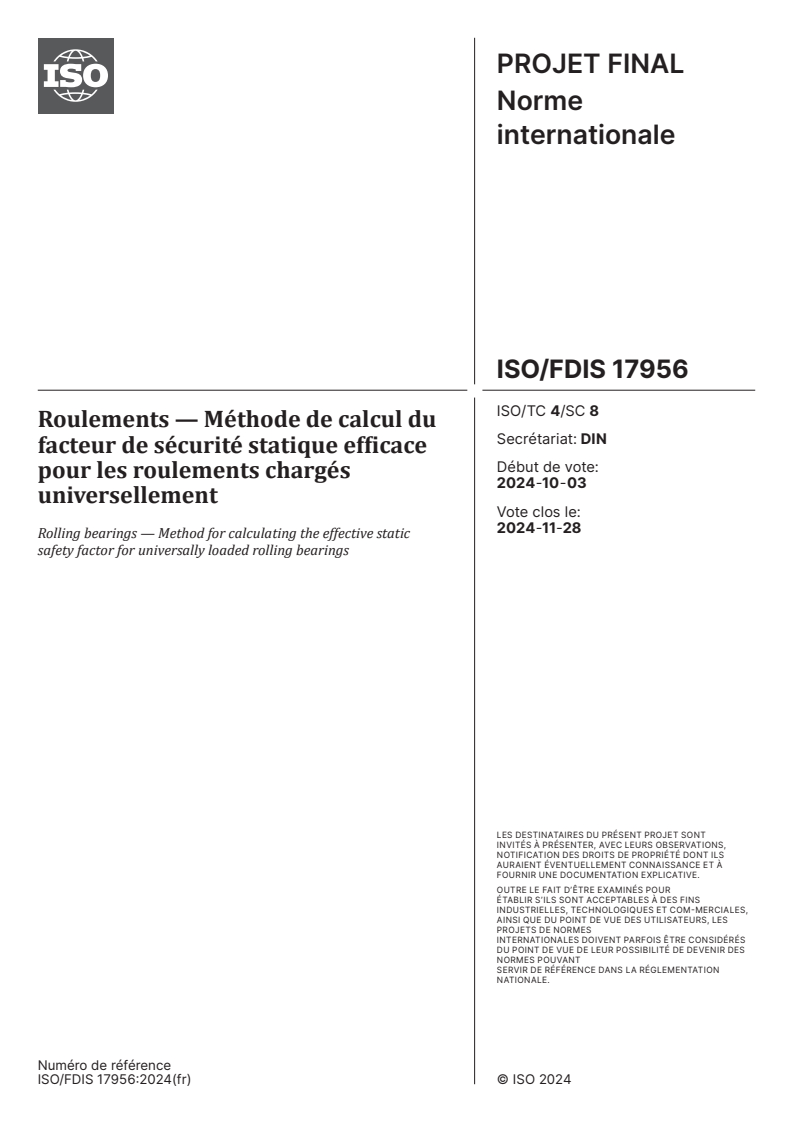 ISO/FDIS 17956 - Rolling bearings — Method for calculating the effective static safety factor for