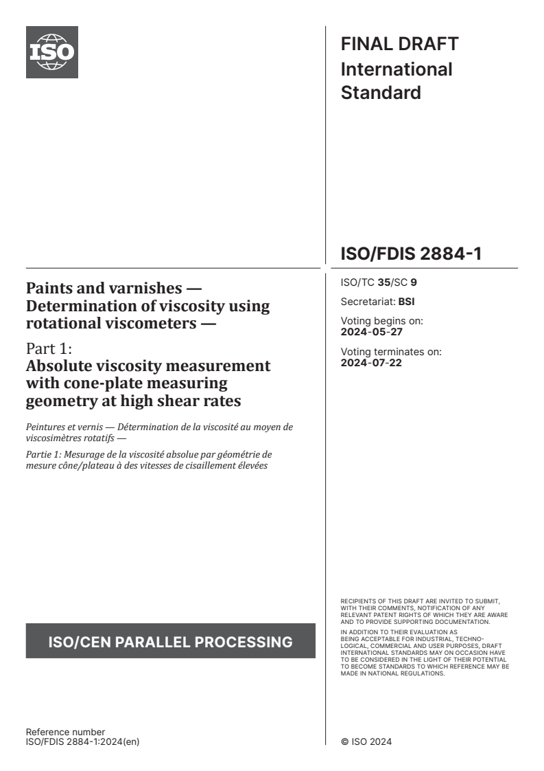 ISO/FDIS 2884-1 - Paints and varnishes — Determination of viscosity using rotational viscometers