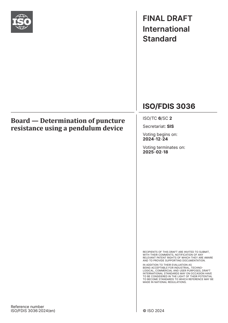 ISO 3036 - Board — Determination of puncture resistance using a pendulum device