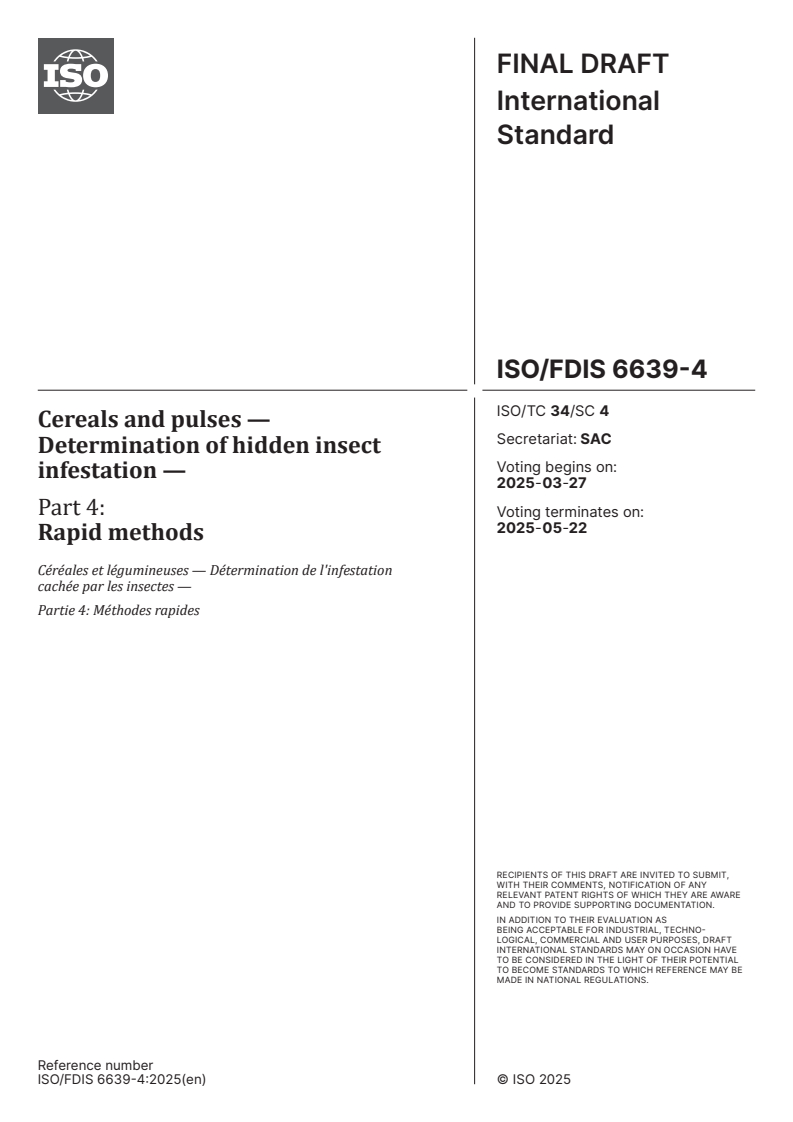 ISO/FDIS 6639-4 - Cereals and pulses — Determination of hidden insect infestation — Part 4: Rapid